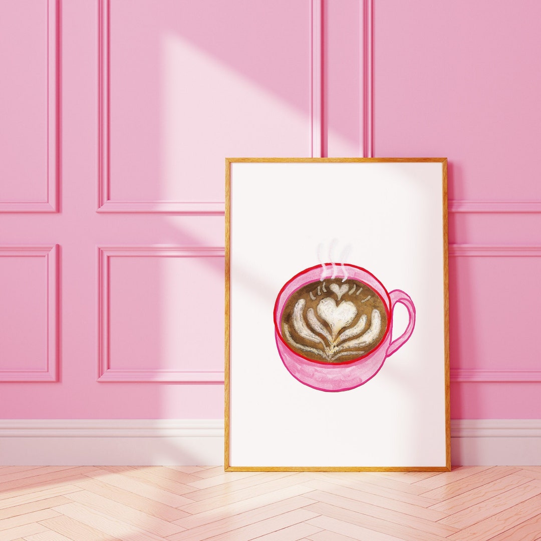 Printable Coffee Latte Art Print, Pink Poster for Coffee Lover, Cute ...