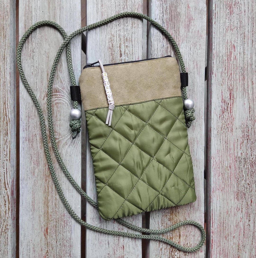 Green Quilted Cellphone Bag, Small Crossbody Fabric Purse, Olive Green ...