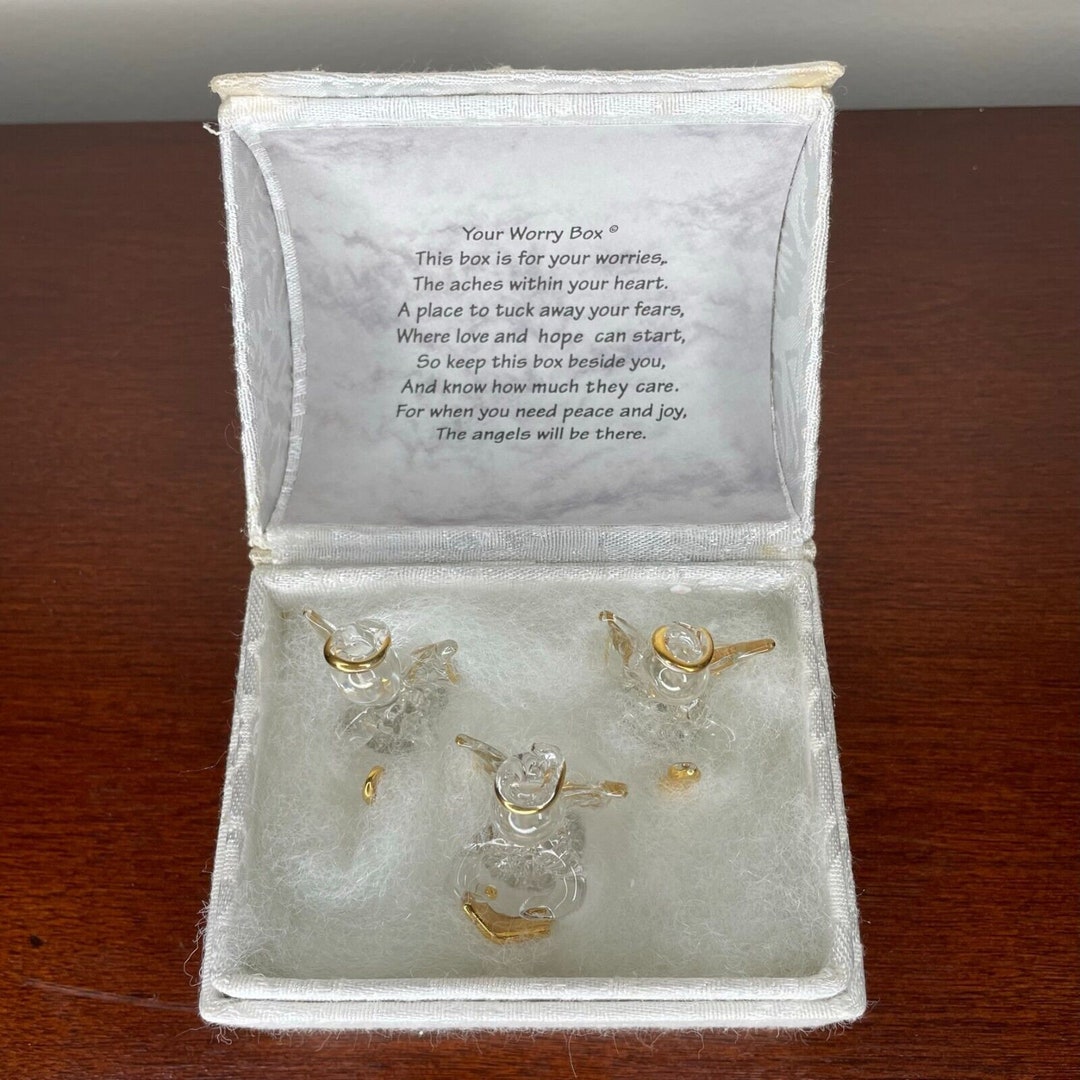 Angel Worry Box With 3 Spun Clear Glass Gold Trim Angels in a - Etsy