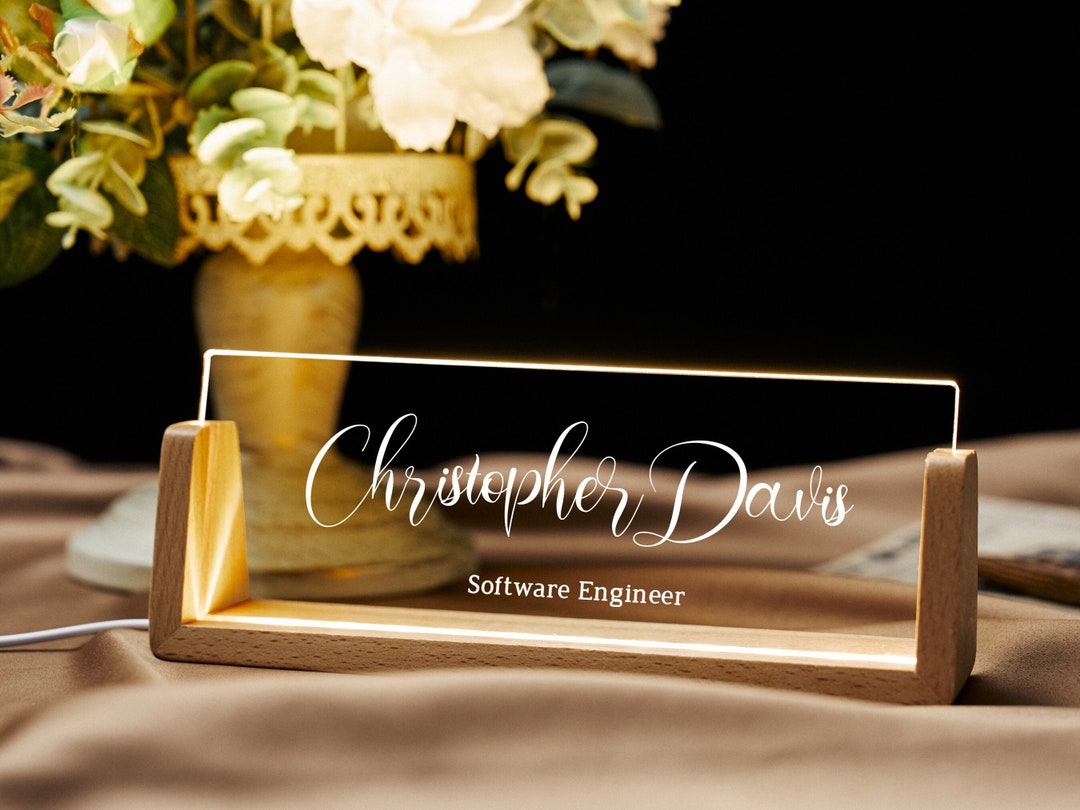 Personalized Desk Name Plate With Wooden Base, Lighted Acrylic ...