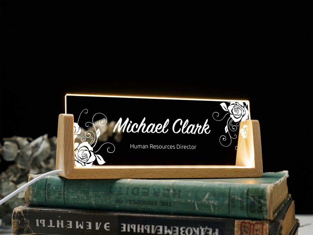 Personalized Desk Nameplate With LED Light Wooden Base, Lighted Acrylic ...