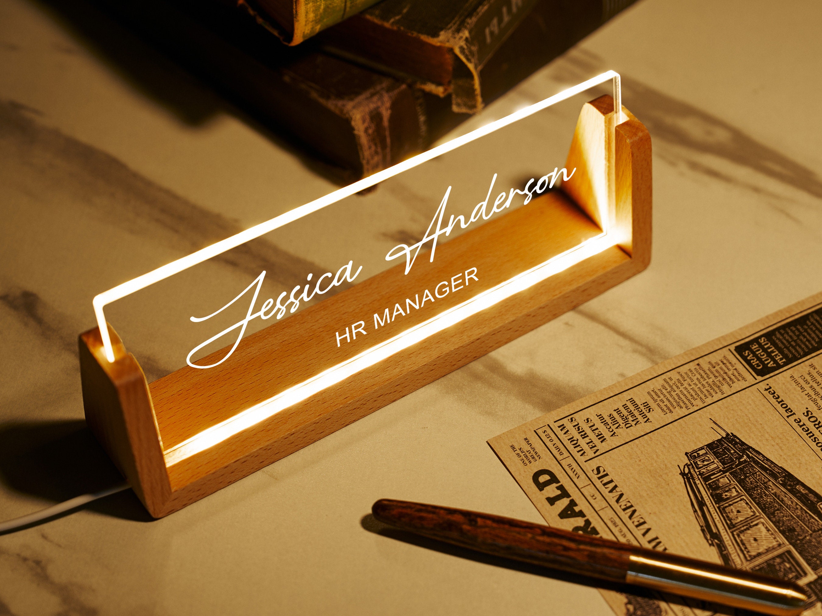 Personalized Desk Name Plate With Wooden Base, Lighted Acrylic ...