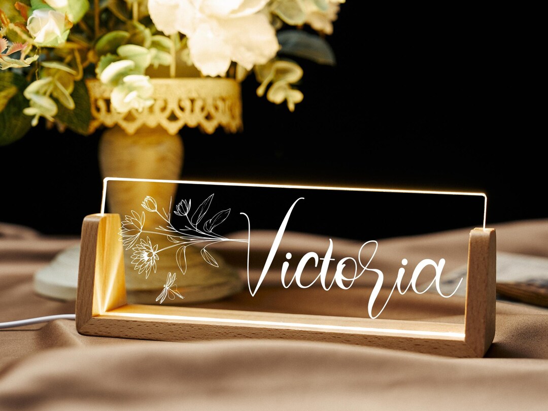 Personalized Birth Flower Name Plate With Base, Lighted Acrylic Light ...