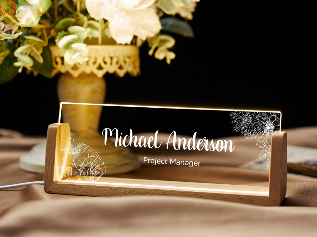 Desk Nameplate With Wooden Base Personalized, Lighted Acrylic Nameplate ...