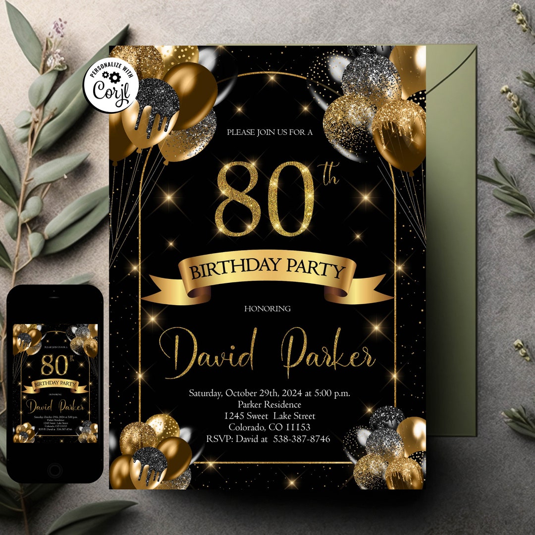 Editable 80th Birthday Balloons Invitation Black Gold Glitter Sparkle