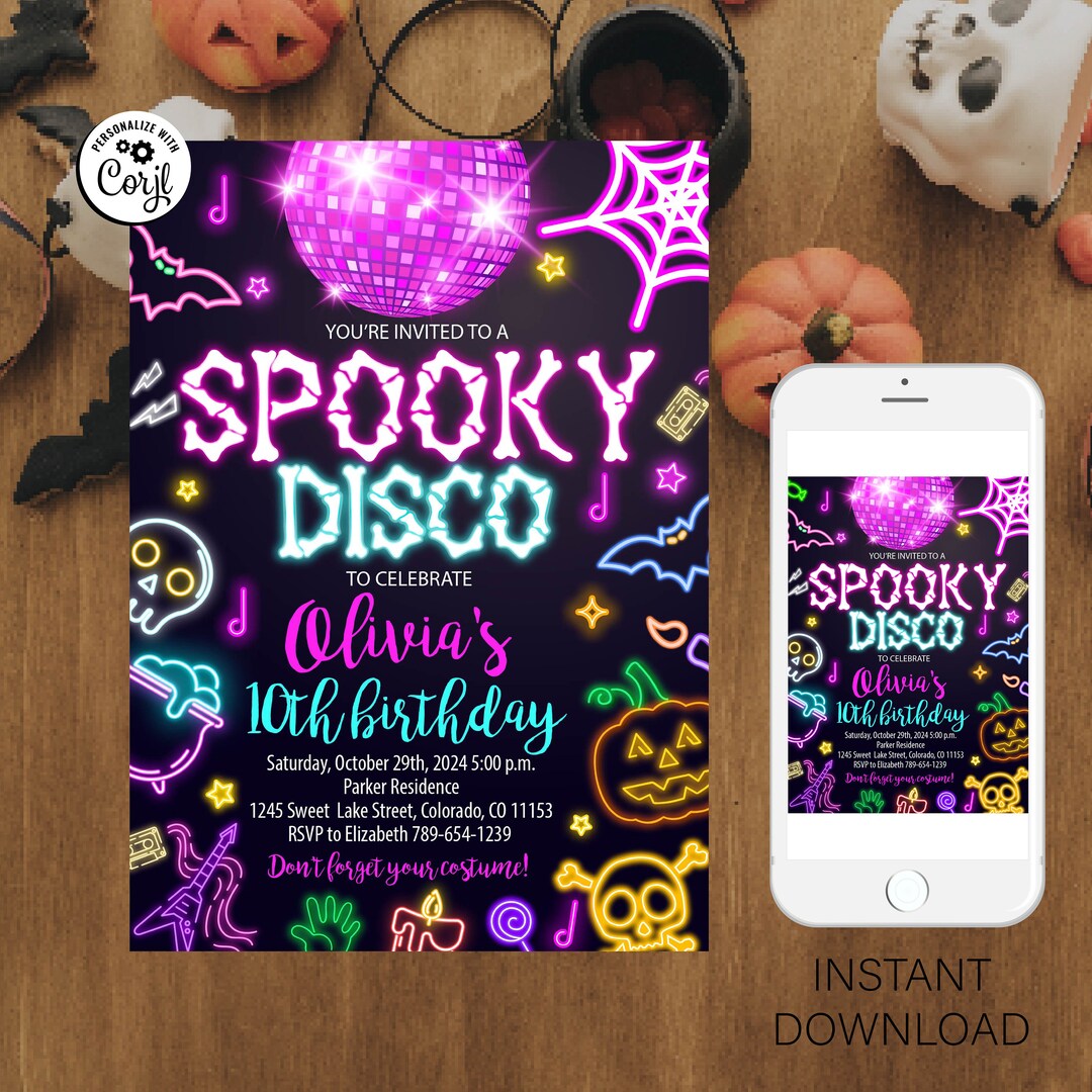 Editable Spooky Disco Gender Neutral Invites, Disco Party Birthday ...