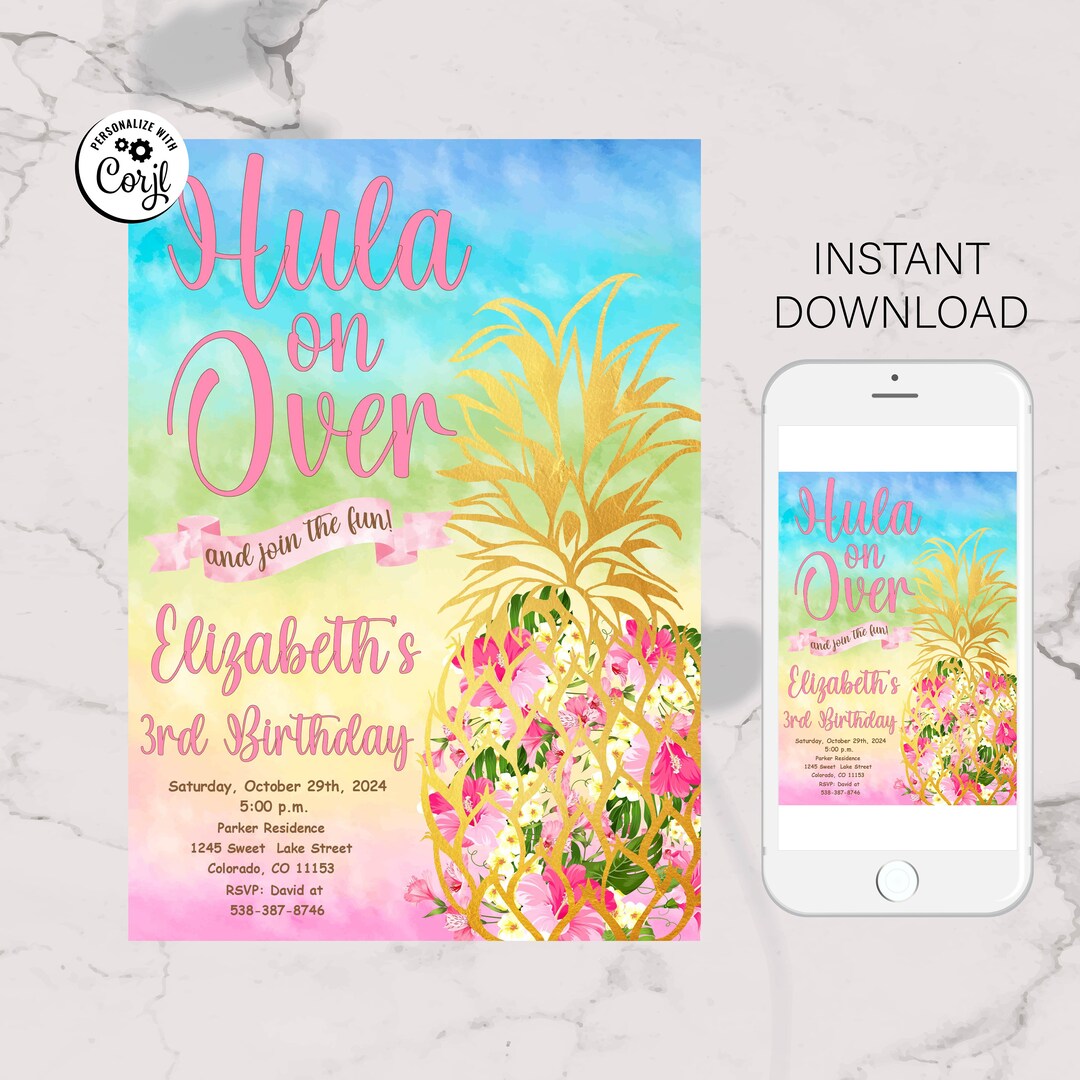 Editable Hula on Over Invitation, Watercolor Luau Party Invitation ...