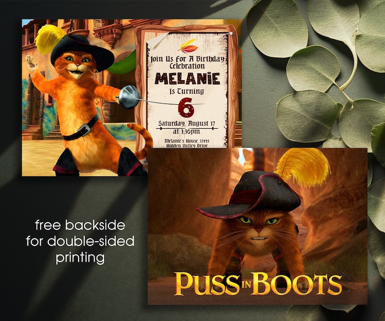 Plantilla de invitación de cumpleaños del gato con botas - Etsy México