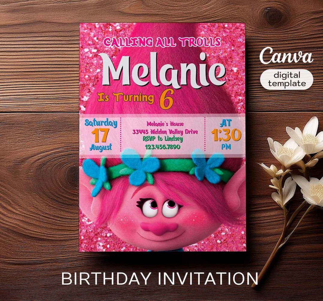Poppy Invite Template, Printable Birthday Invitation, Editable Trolls ...