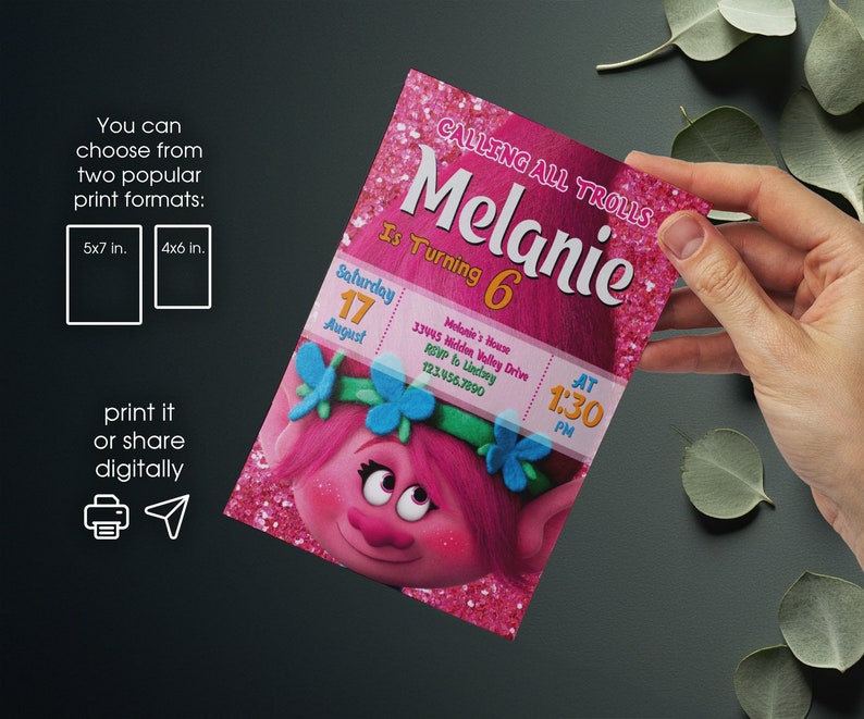 Poppy Invite Template, Printable Birthday Invitation, Editable Trolls ...