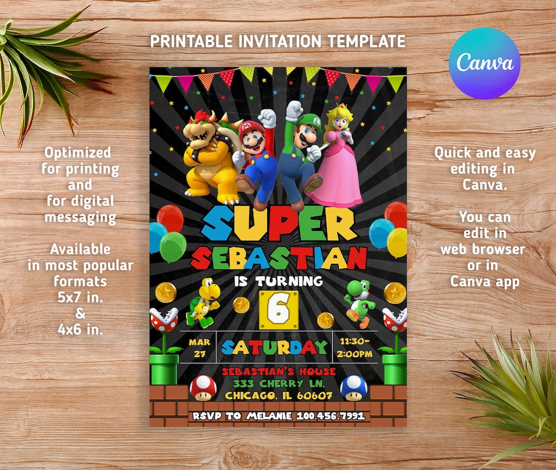 Super Mario Invitation, Birthday Invite Boy Girl, Mario Bros Invitation ...