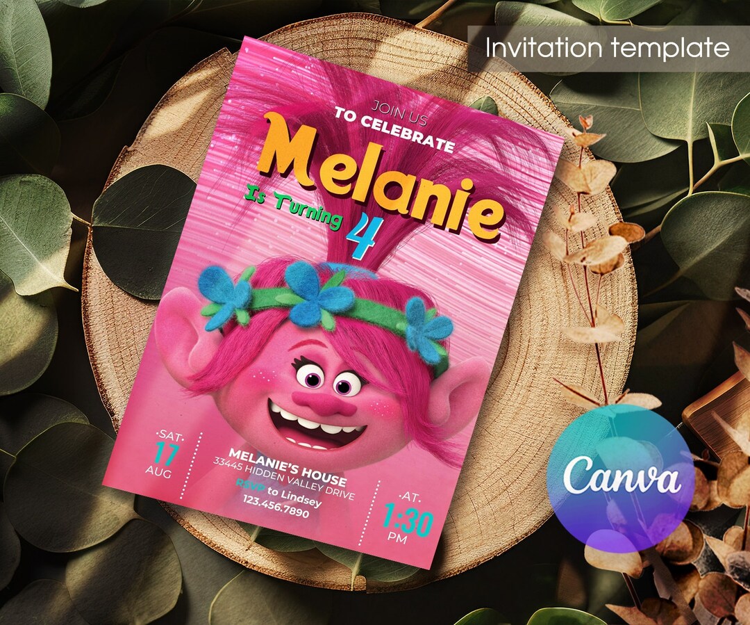 Electronic Invitation, Poppy Invite Template, Trolls Party, Printable ...