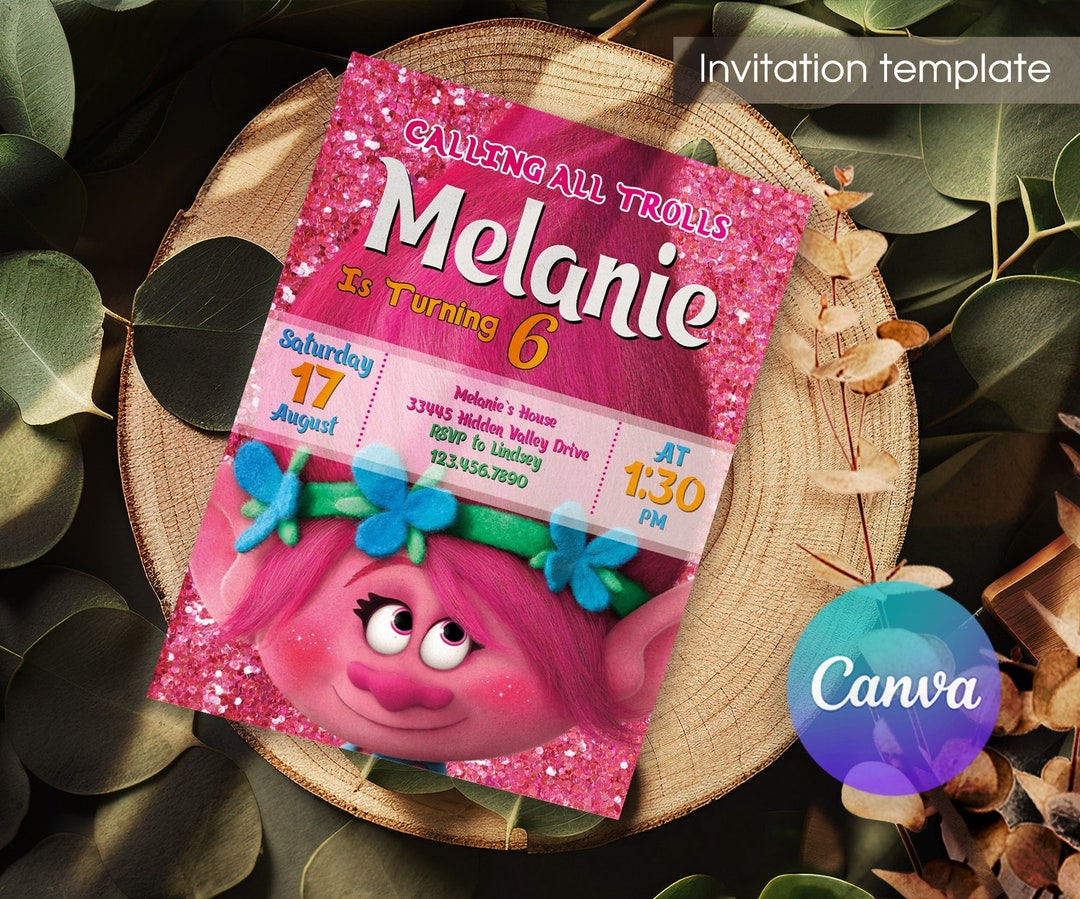 Poppy Invite Template, Printable Birthday Invitation, Editable Trolls ...