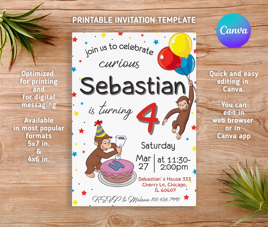 Curious George Birthday Invitation, Monkey Invite, Ape Invitation ...
