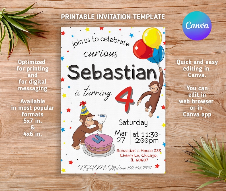 Curious George Birthday Invitation, Monkey Invite, Ape Invitation ...