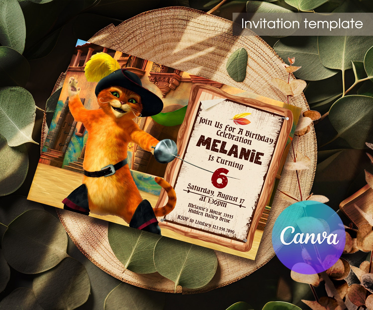 Puss in Boots Birthday Invite Template, Printable Birthday Invitation ...