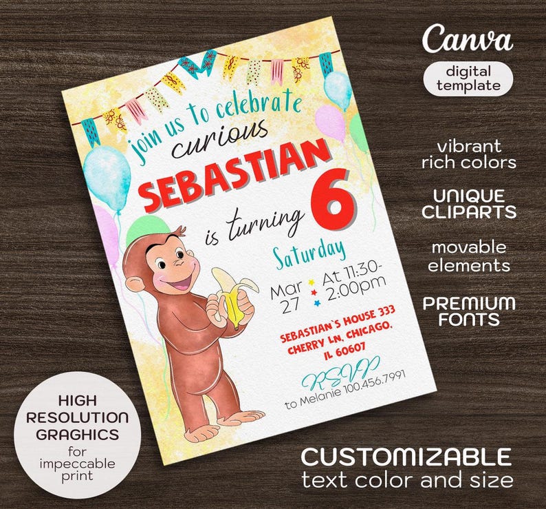 Curious George Birthday Invitation, Monkey Invite, Ape Invitation ...