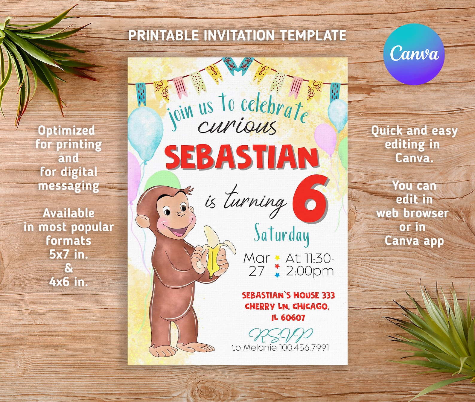 Curious George Birthday Invitation, Monkey Invite, Ape Invitation ...