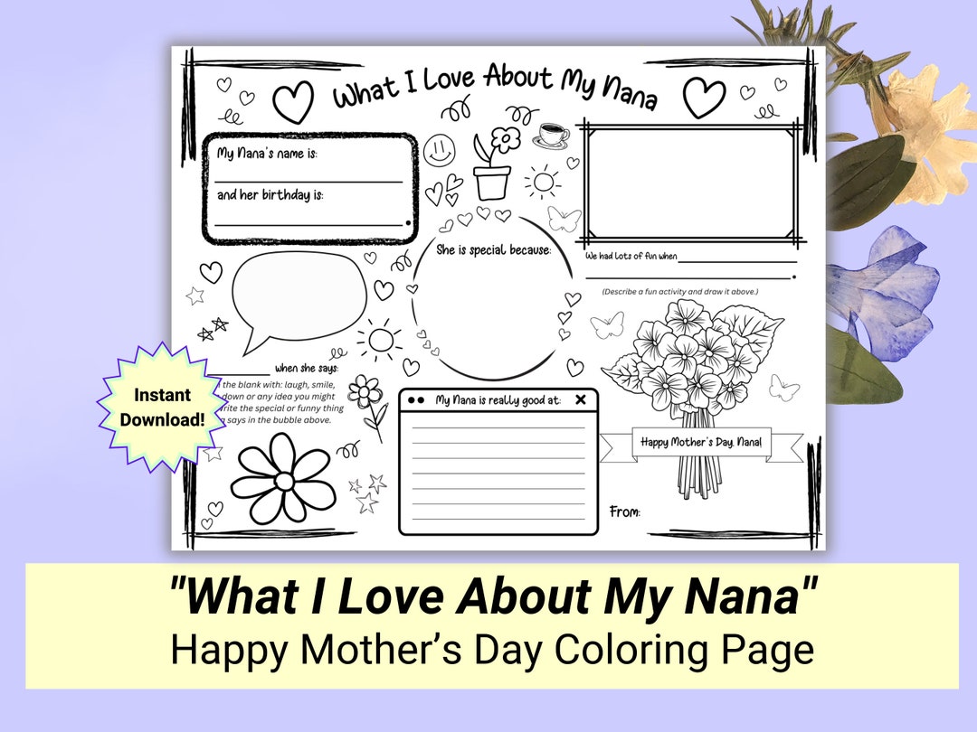 Mothers Day Card for Nana, Mothers Day Coloring Sheet for Nana, Last ...