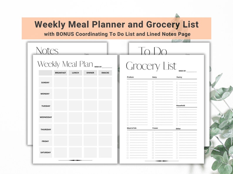 Printable Grocery List and Meal Planner Bundle With Bonus to Do List ...