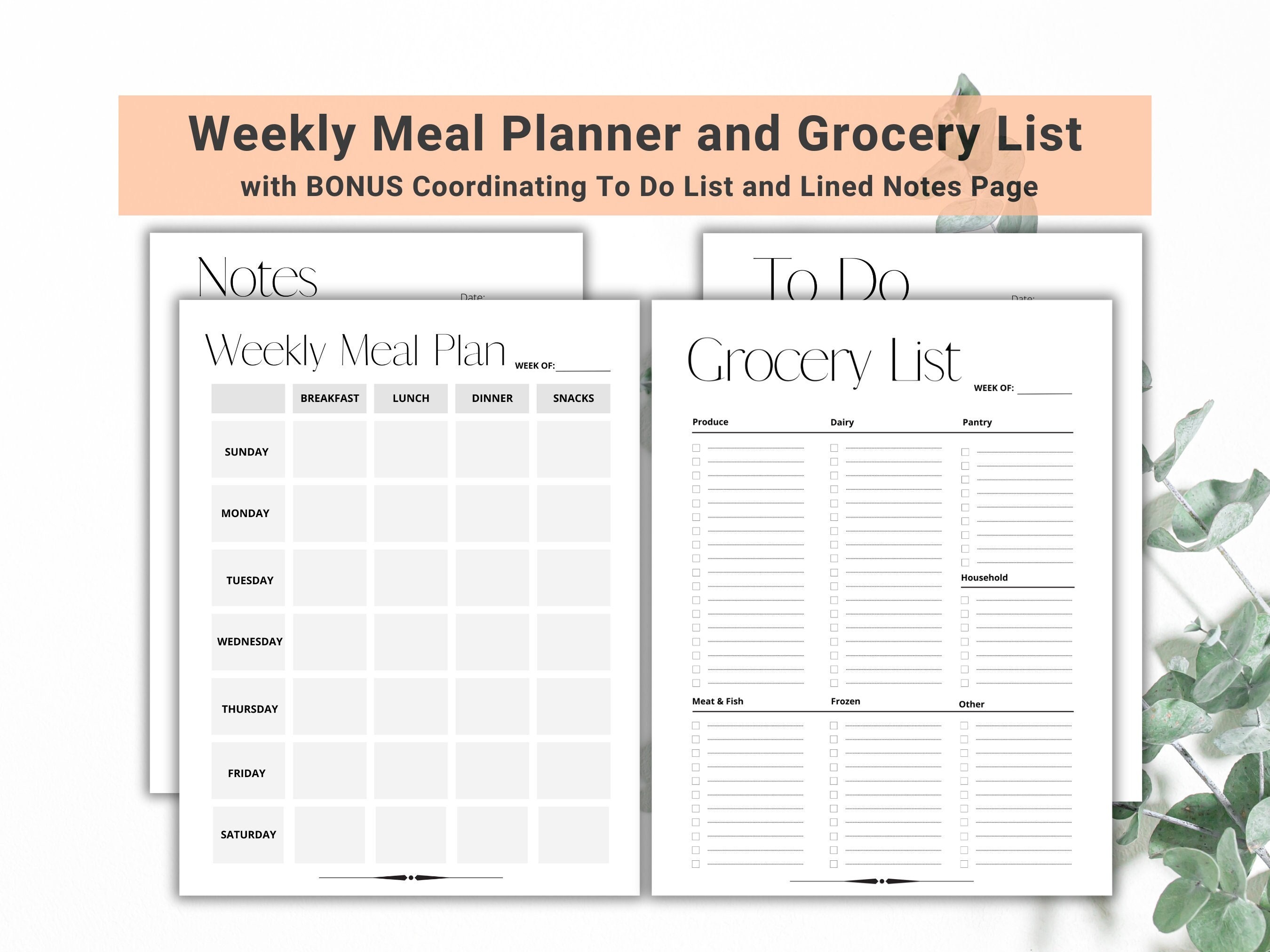 Printable Grocery List and Meal Planner Bundle With Bonus to Do List ...