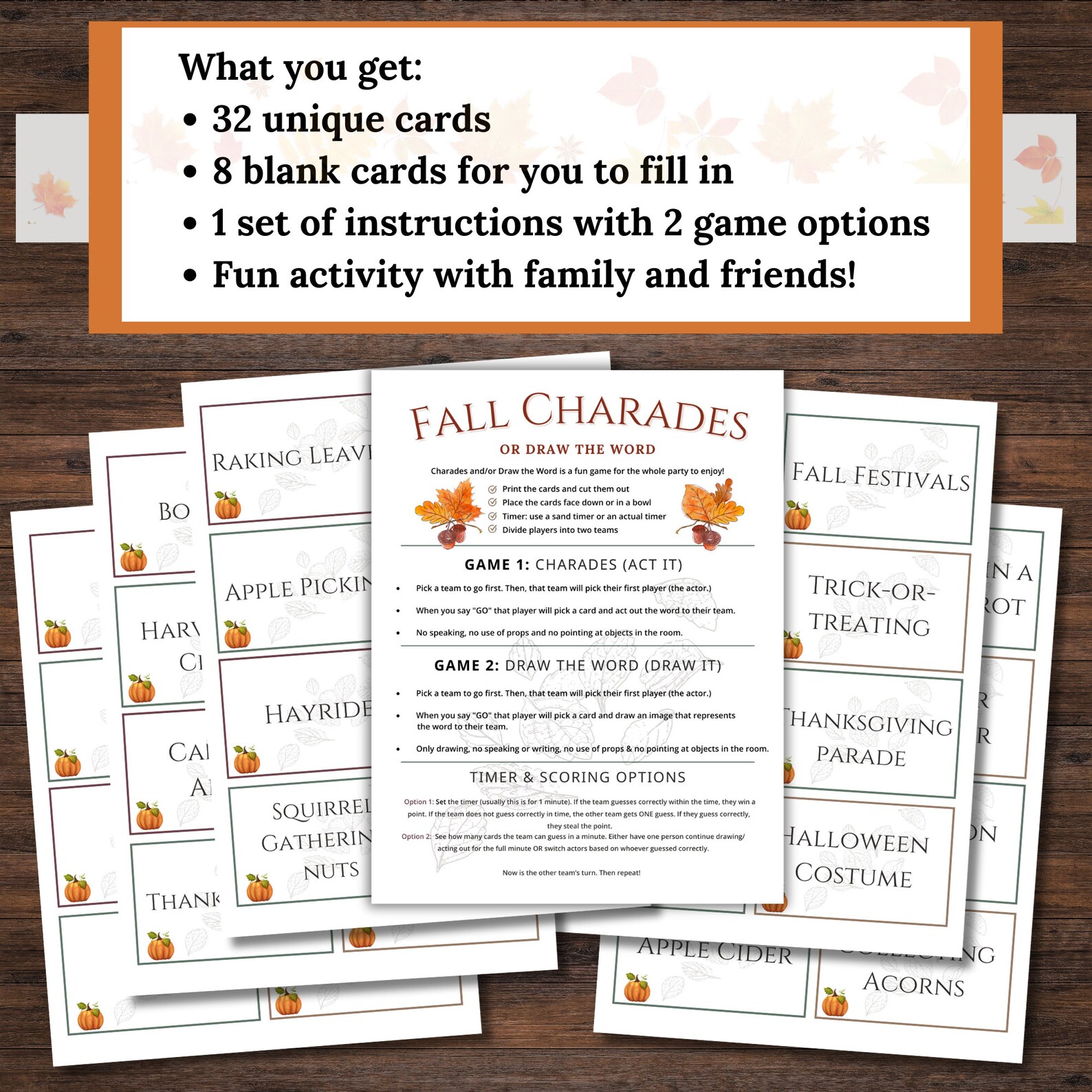 Fall Charades Party Game, Fall Printable Game, Fall Pictionary, Fall ...