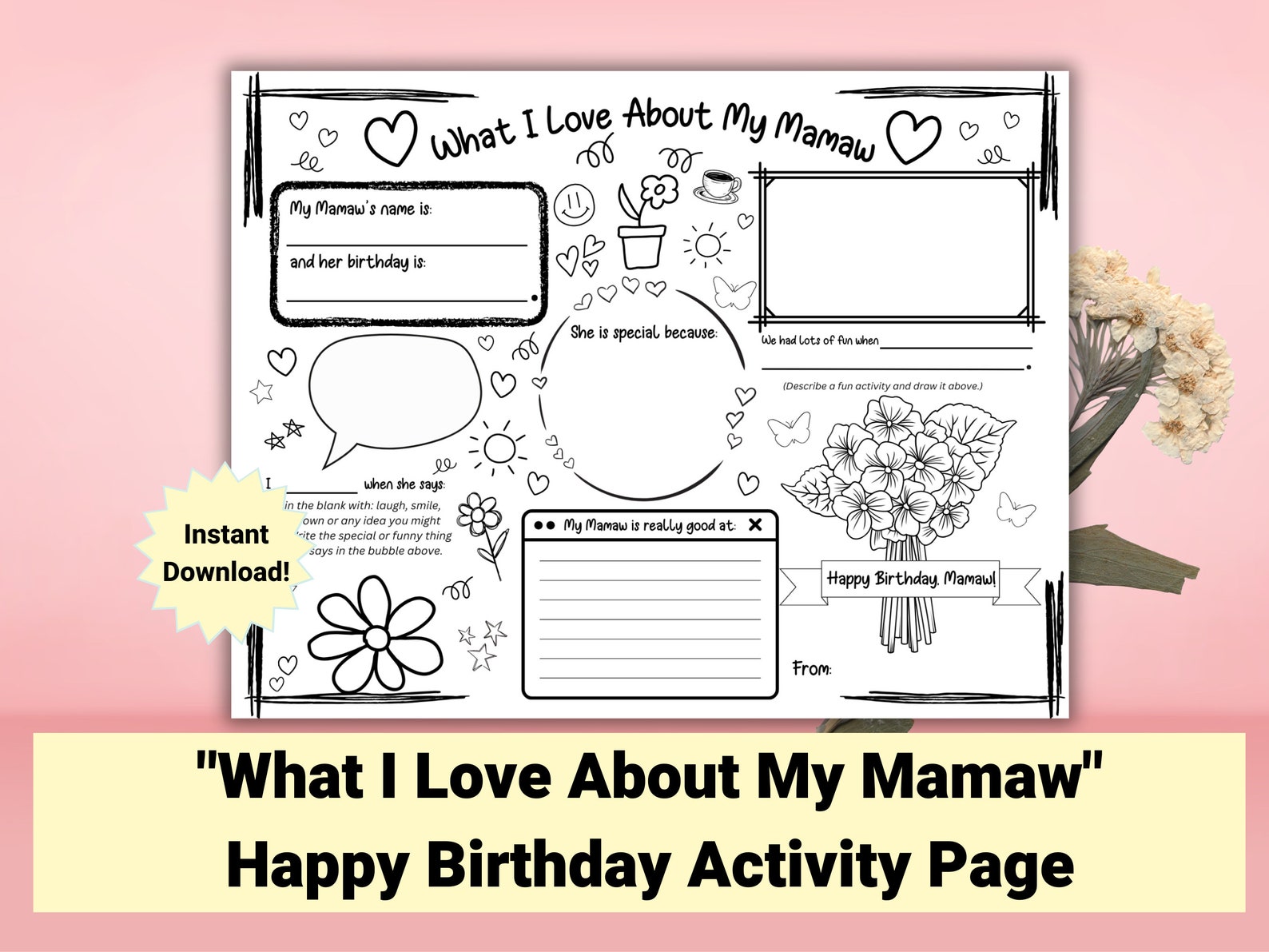 Birthday Card for Mamaw | What I Love About My Mamaw Printable Birthday ...