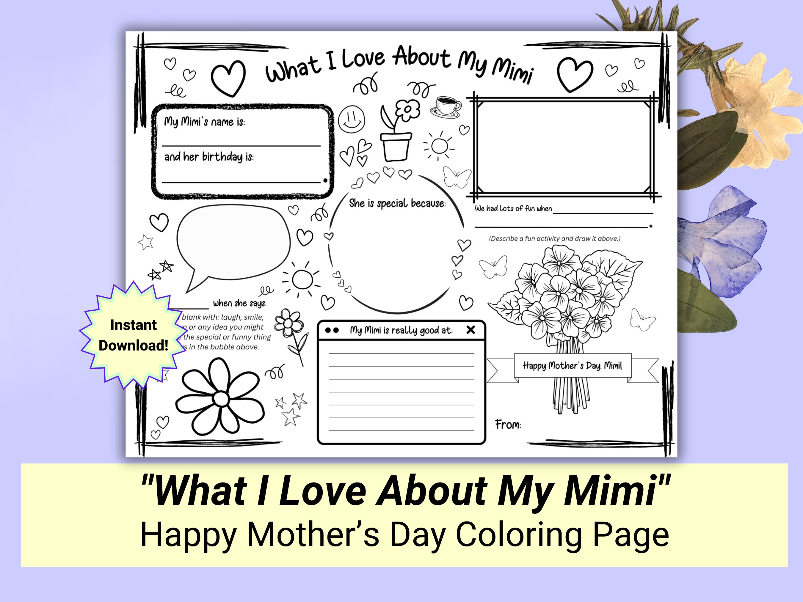 Mother's Day Card for Mimi Coloring Page for Mimi - Etsy