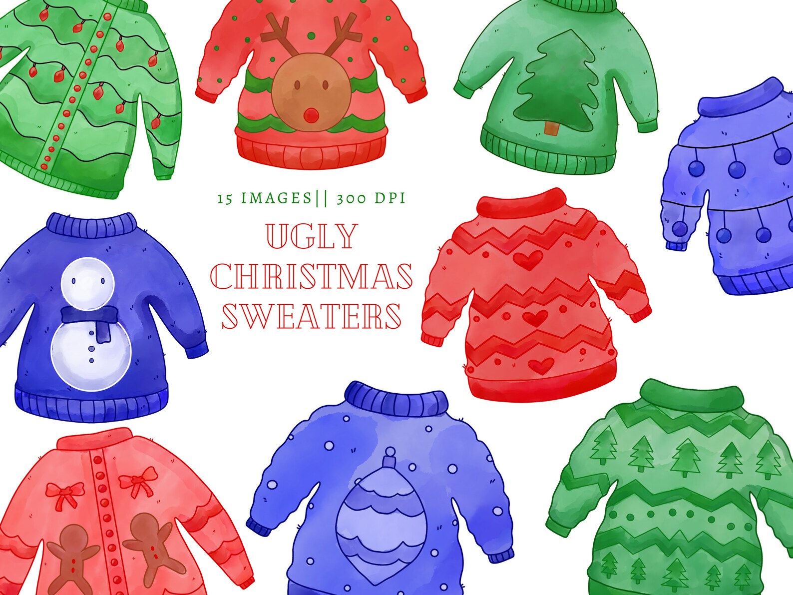 Watercolor Ugly Christmas Sweater Clipart, DIY Holiday Card Making ...