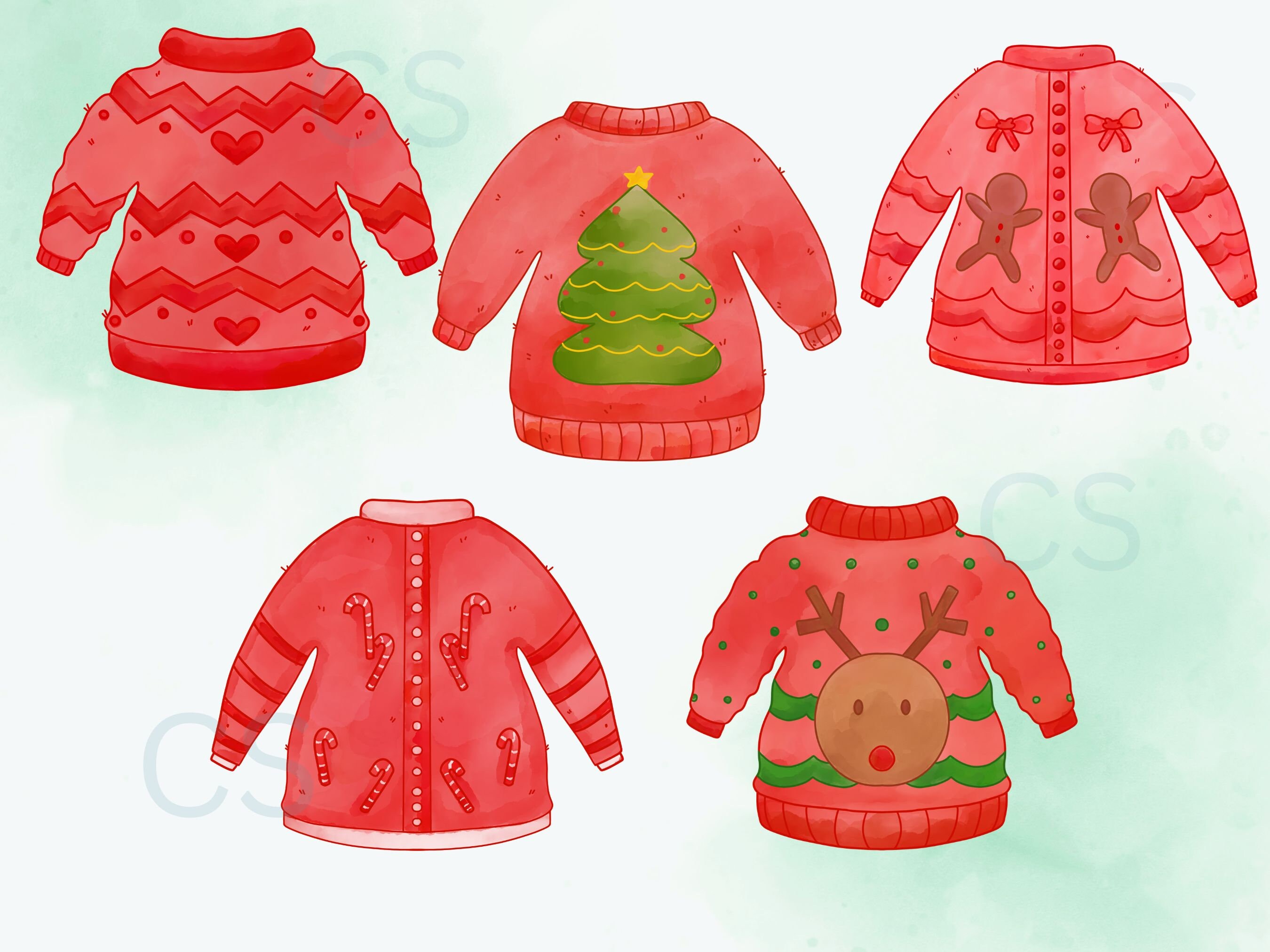 Watercolor Ugly Christmas Sweater Clipart, DIY Holiday Card Making ...