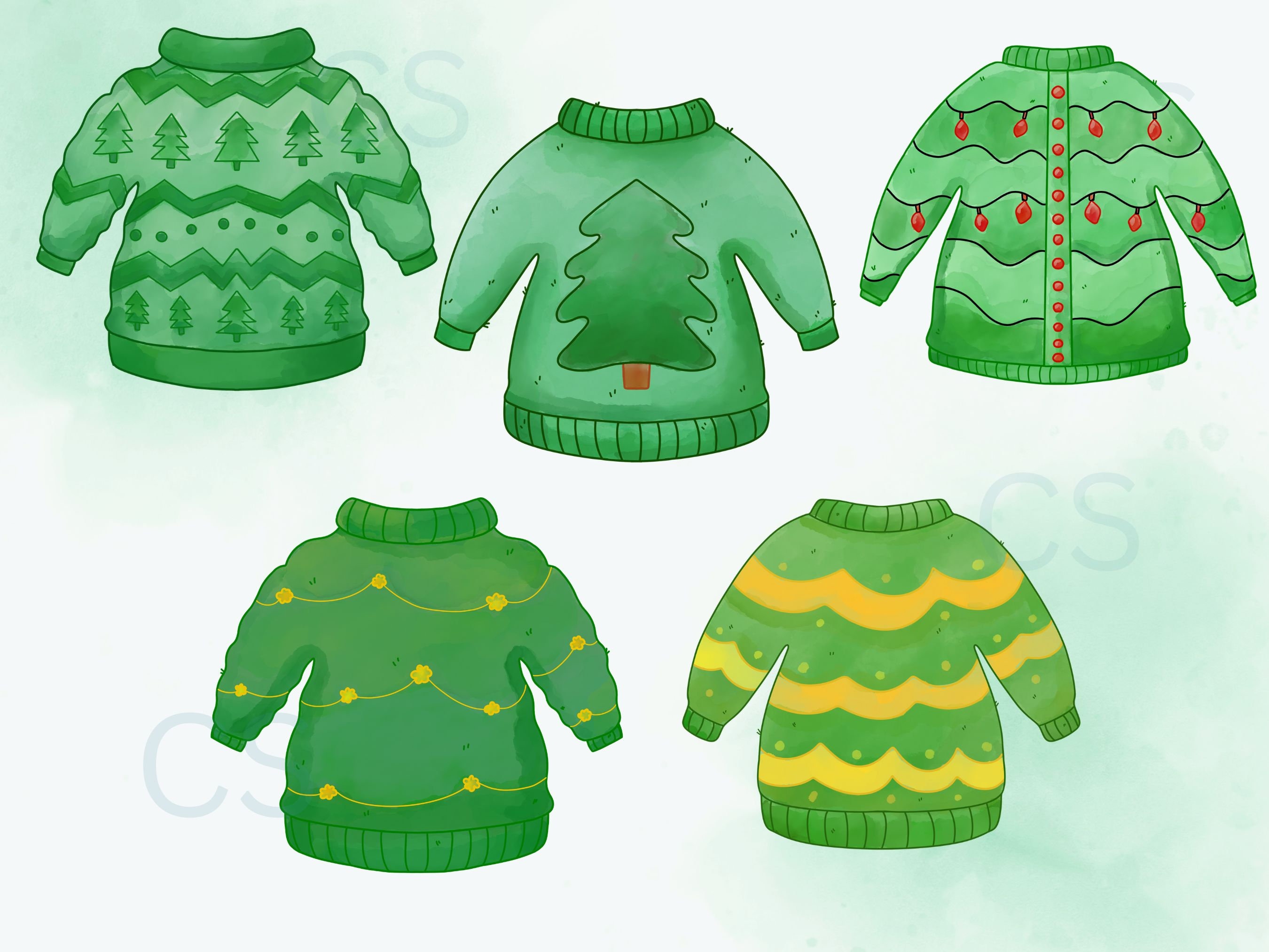 Watercolor Ugly Christmas Sweater Clipart, DIY Holiday Card Making ...