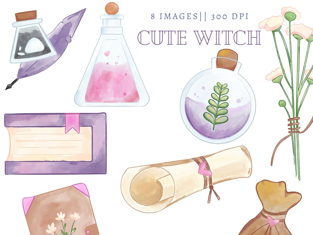 Cute Witchy Watercolor Clipart, Magic Png Bundle, Witchcraft PNG, Witch ...