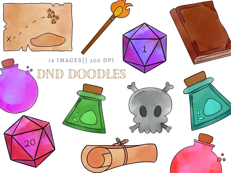 Dnd Doodles Watercolor Clip Art, Digital Journal - Etsy