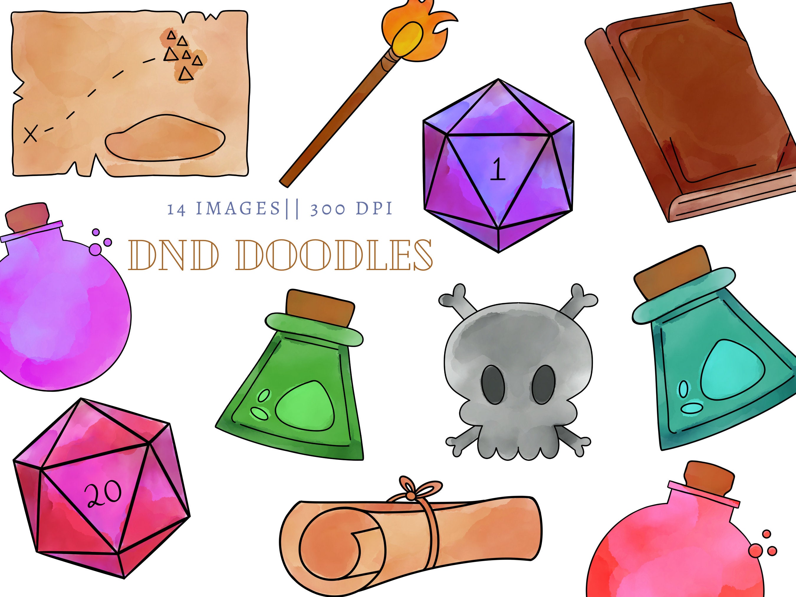 Dnd Doodles Watercolor Clip Art Digital Journal - Etsy