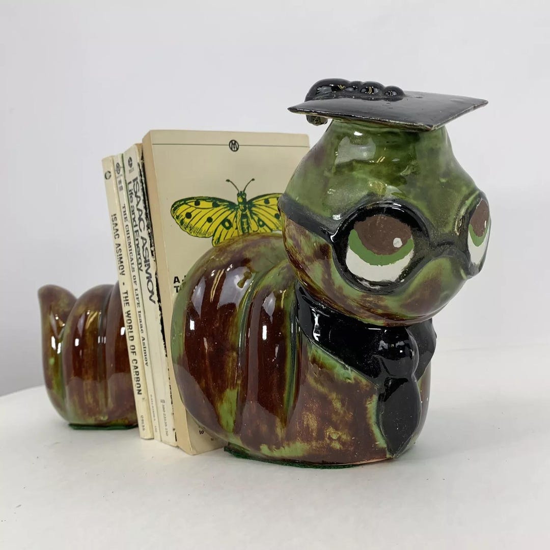 Vintage Mid Century Bookends Bookworm Green Brown Ceramic Boho - Etsy