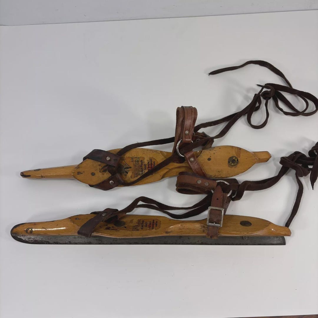 Antique Vintage Wood & Metal Ice Skates. Leather Straps Included ...