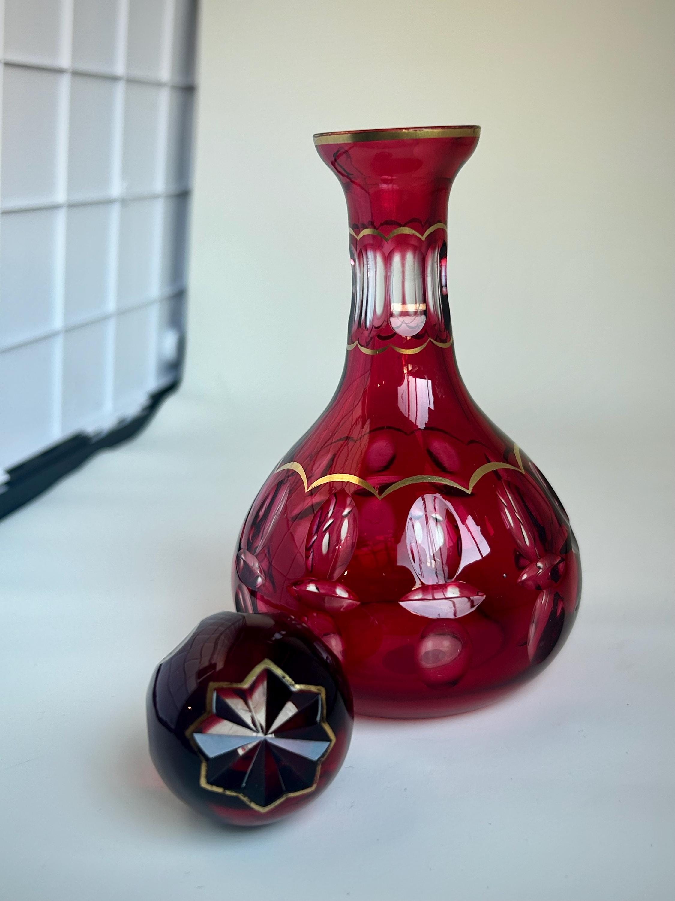 Bohemia Glass Decanter, Ruby Red With Gold Accents - Etsy