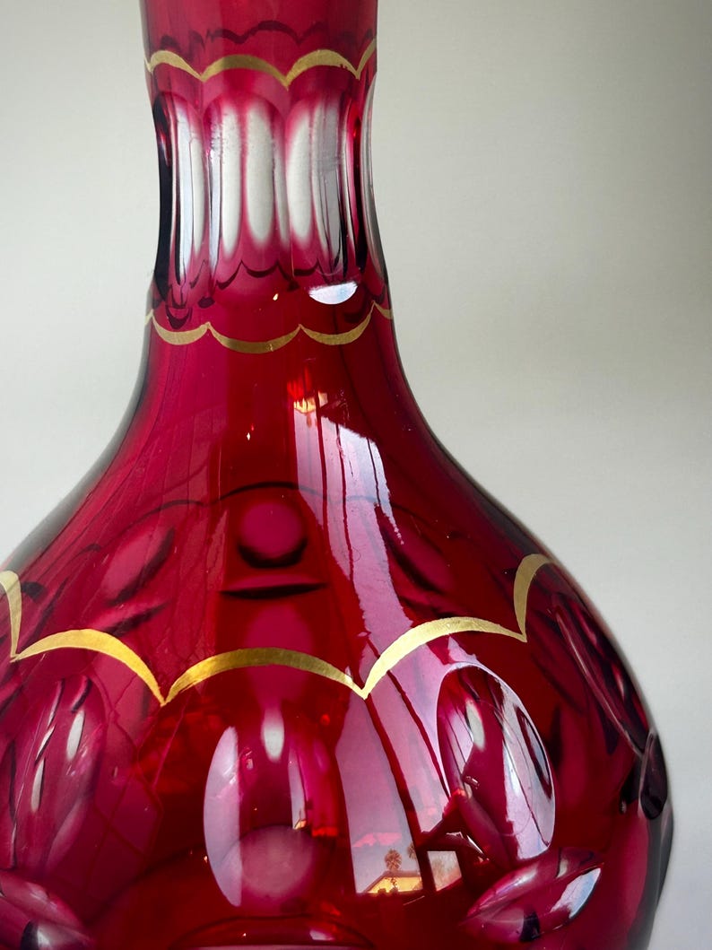 Bohemia Glass Decanter, Ruby Red With Gold Accents - Etsy