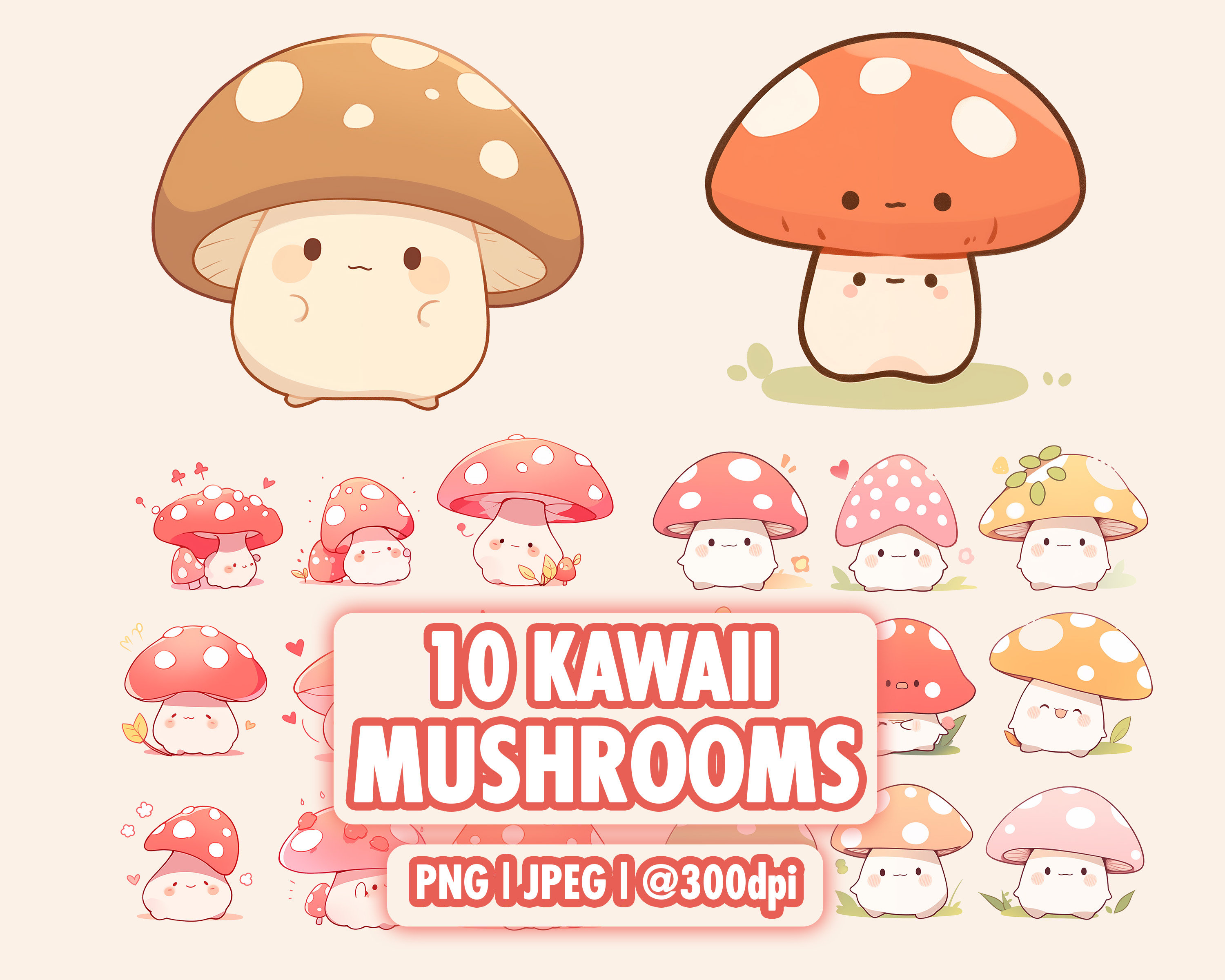 10 Kawaii Mushroom Clipart Anime Animals, Cute Japanese Fungi, Mushroom ...