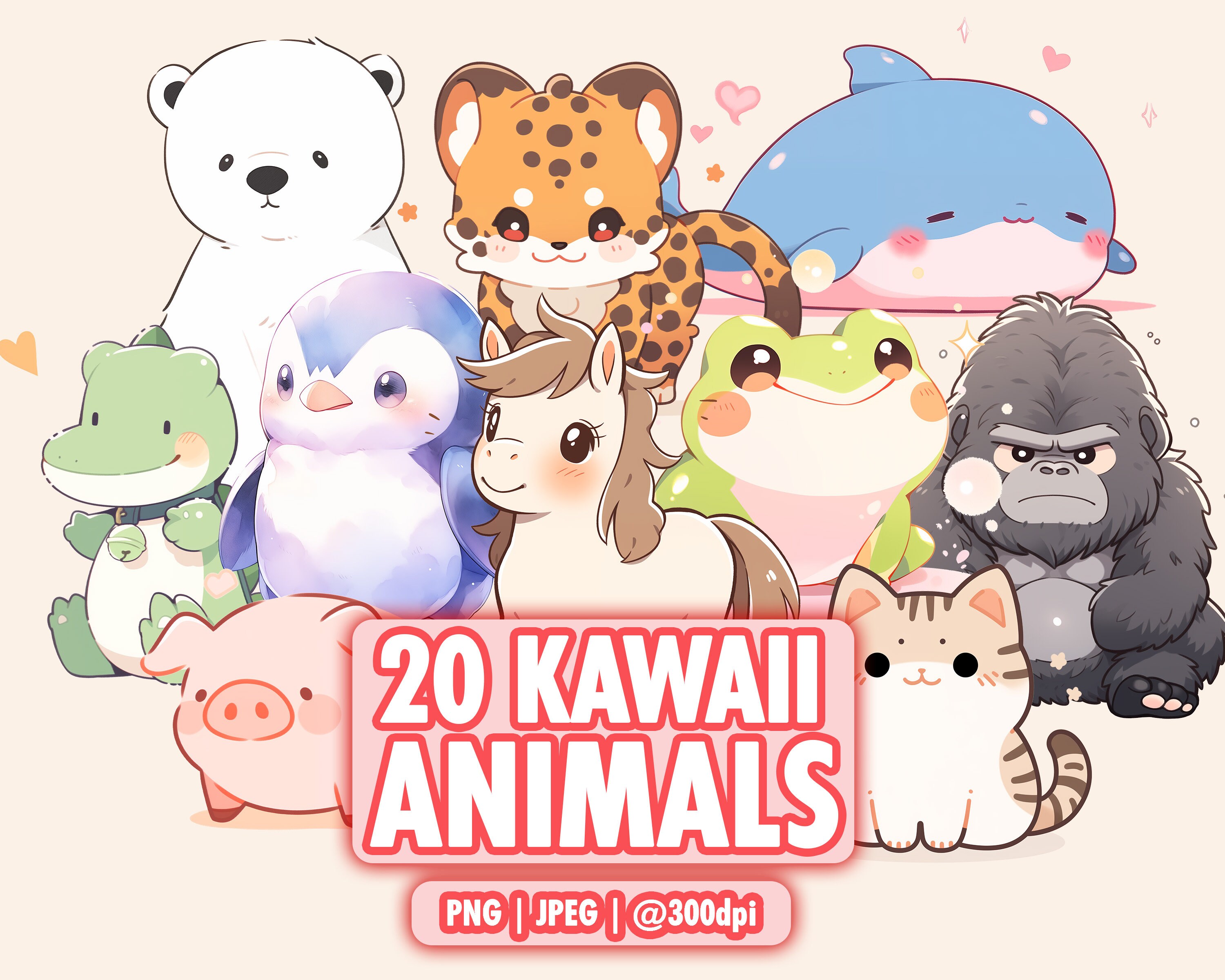 20 Kawaii Animals Clipart Anime Animals, Japanese Cat, Frog, Penguin ...