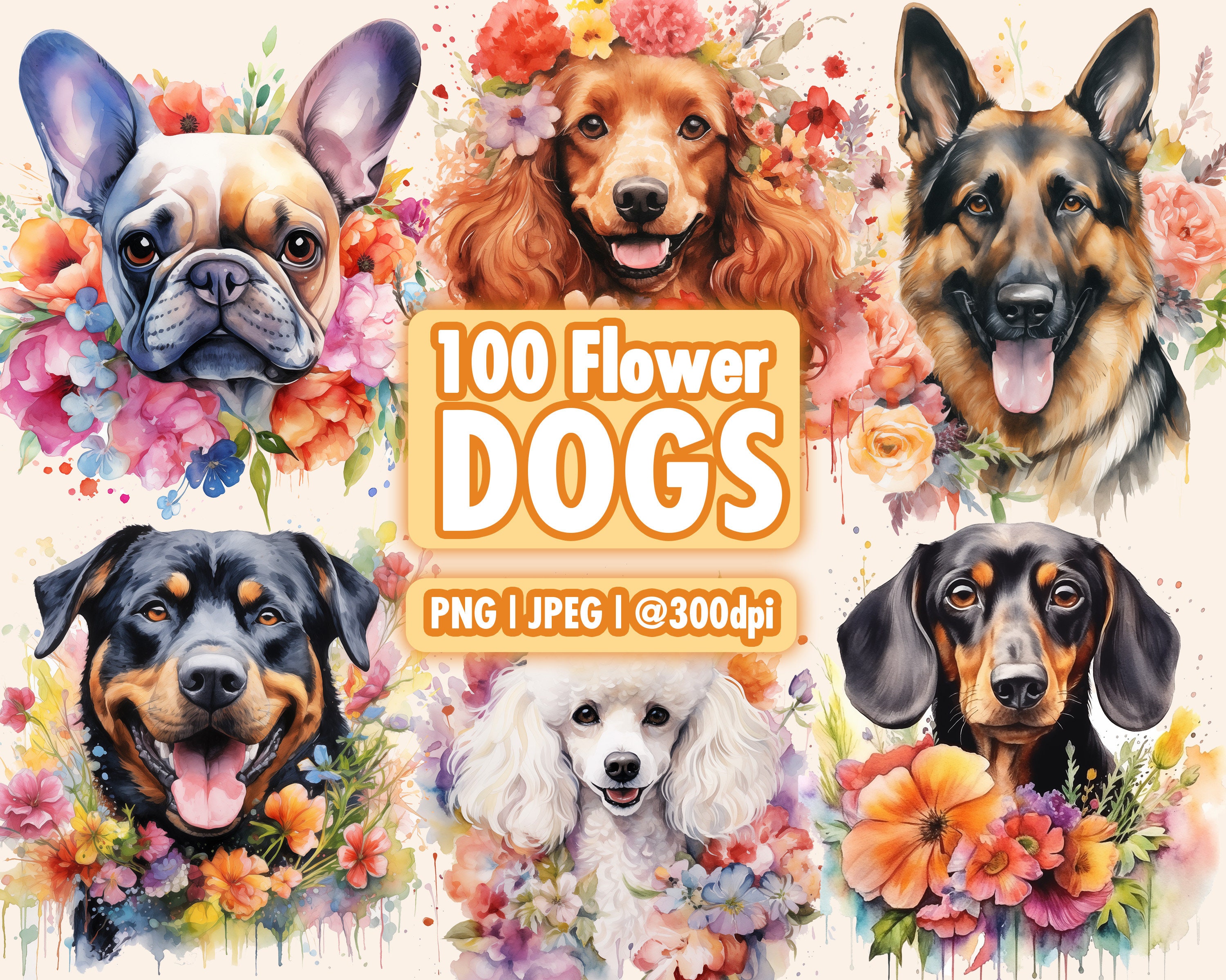 100 Flower Dogs Clipart | Animals, Digital Artwork, Floral Design ...