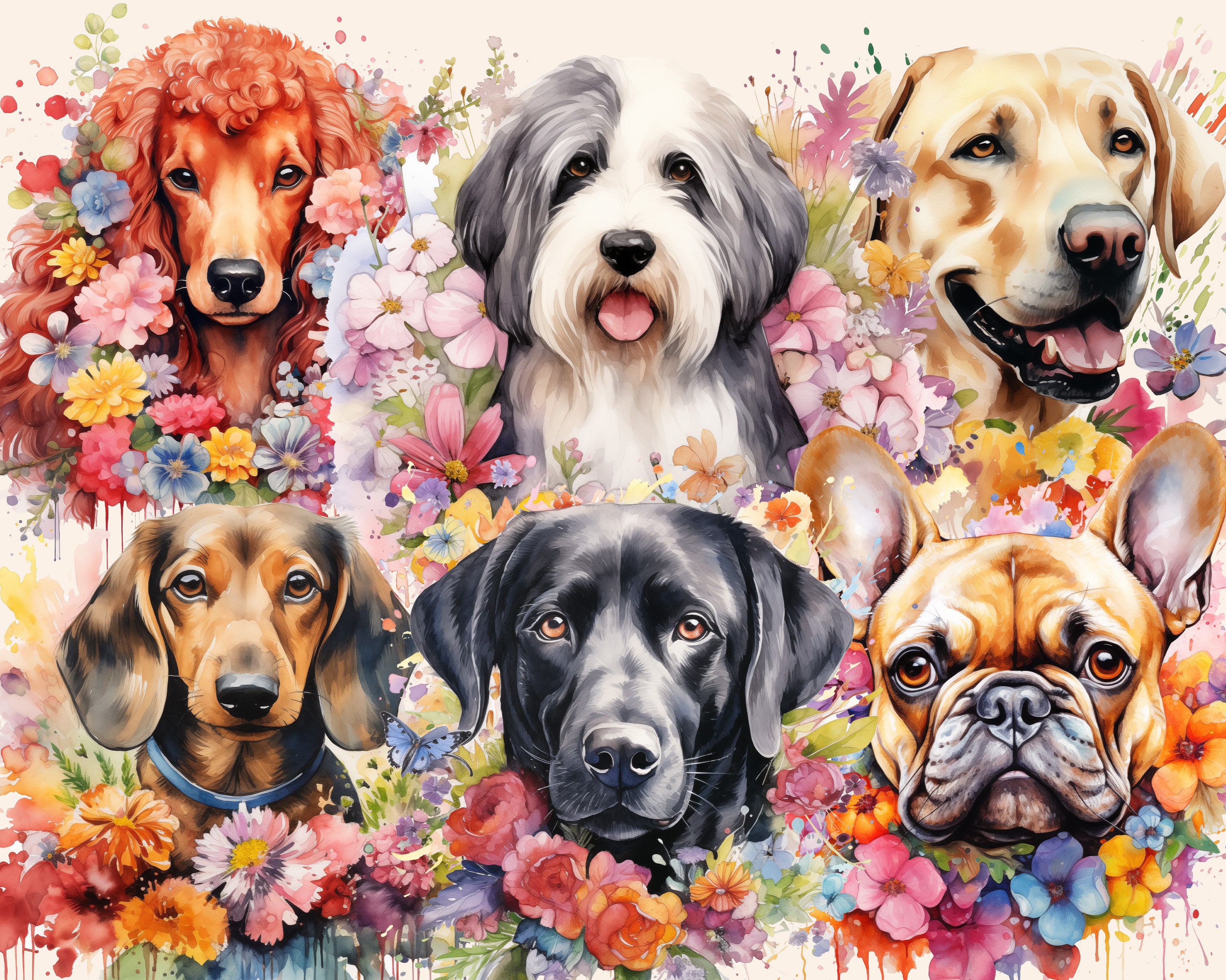 100 Flower Dogs Clipart Animals Digital Artwork Floral - Etsy