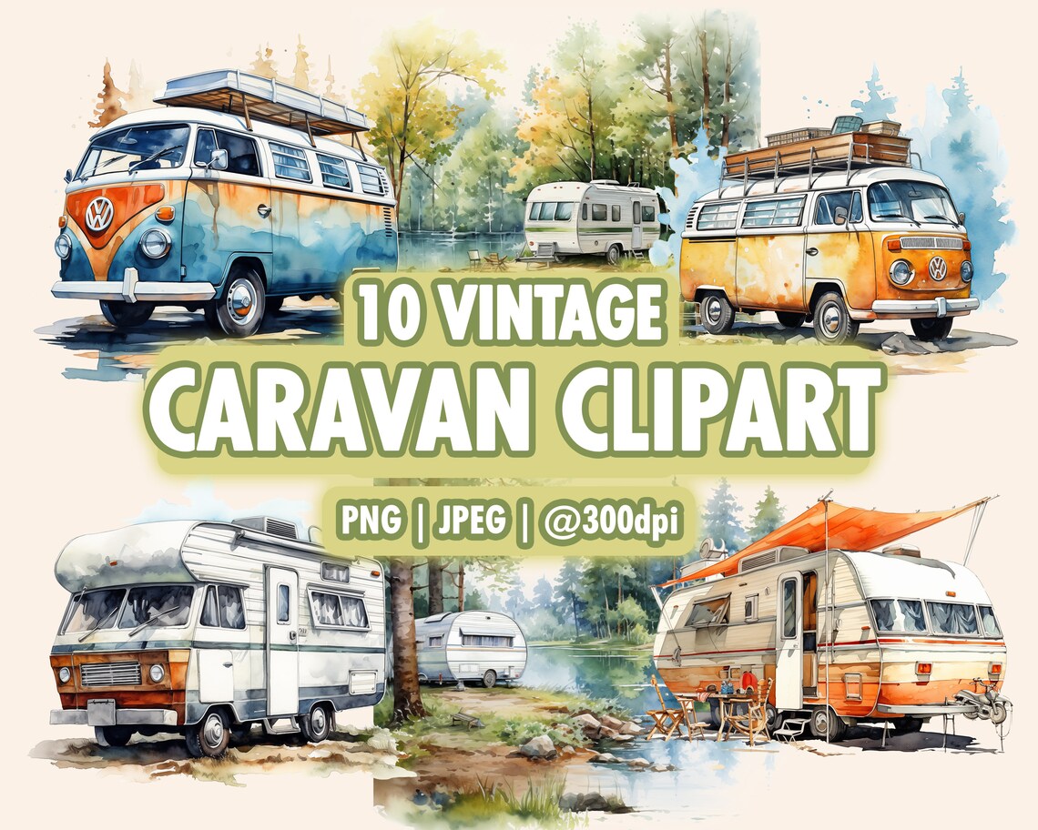 10 Vintage Caravan Clipart Touring Caravan, RV Camper Van, VW Digital ...