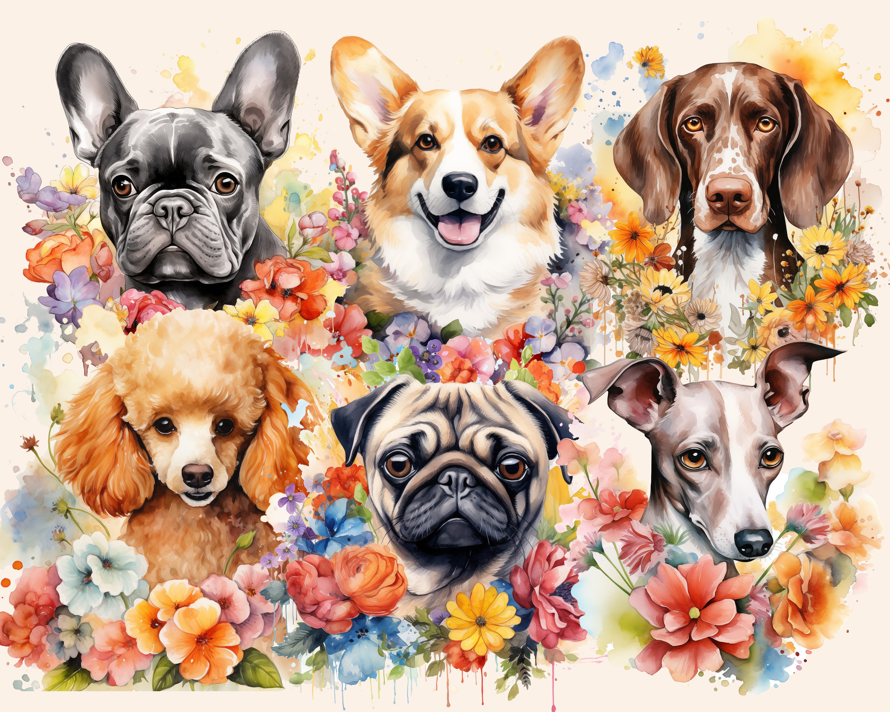 100 Flower Dogs Clipart | Animals, Digital Artwork, Floral Design ...