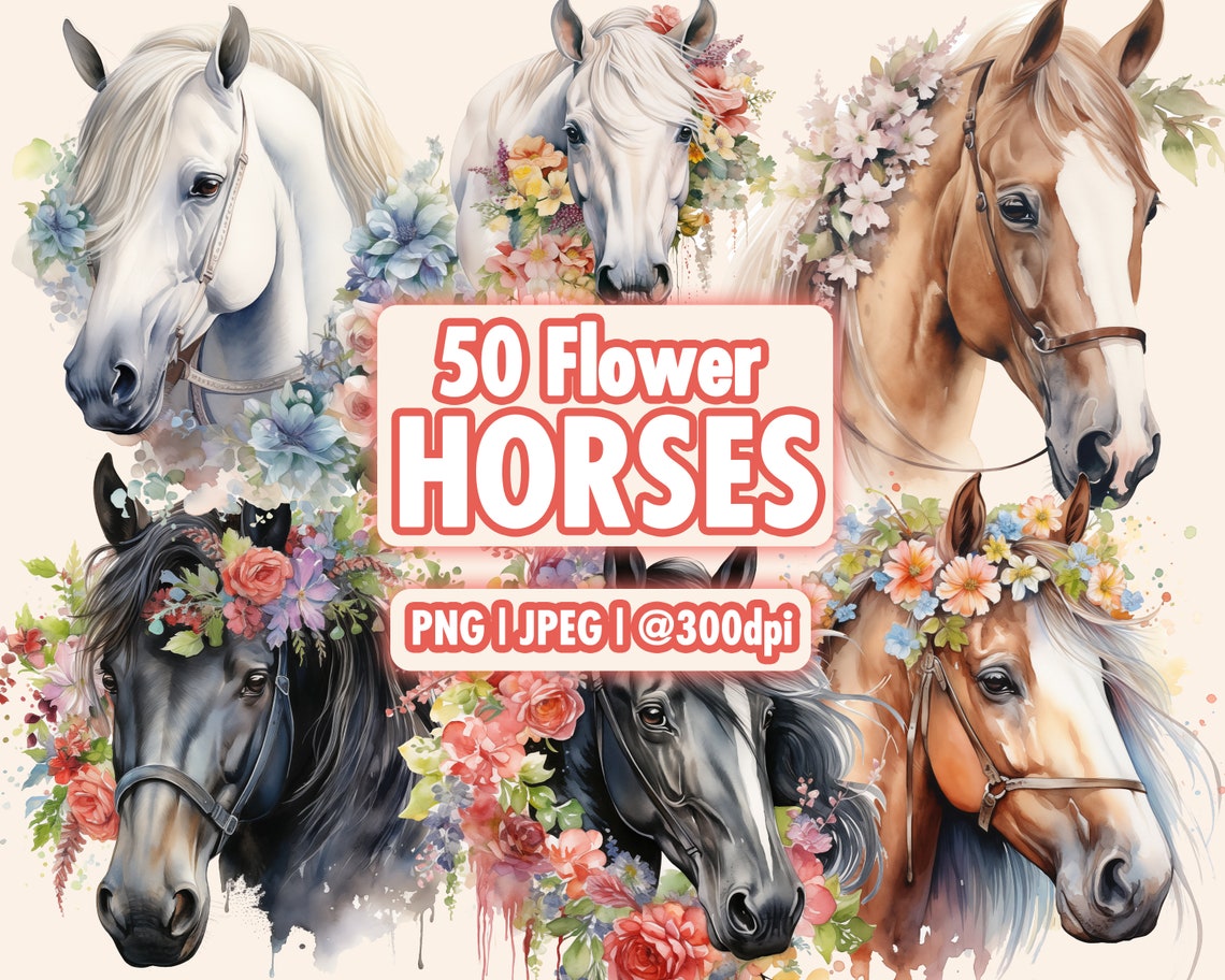 50 Flower Horses Clipart Animals, Digital Artwork, Floral Design ...