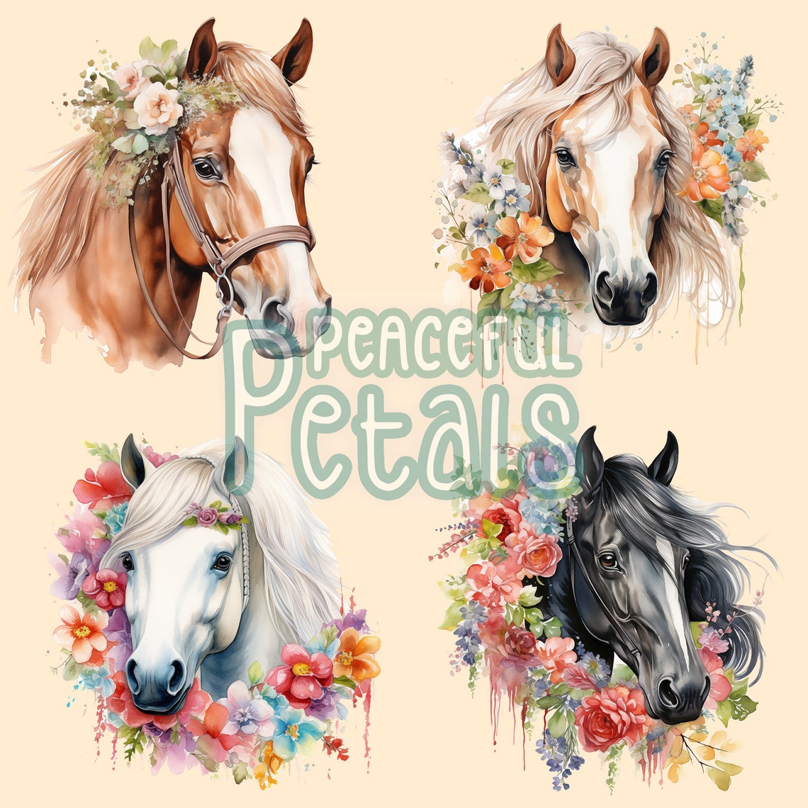 50 Flower Horses Clipart Animals, Digital Artwork, Floral Design ...