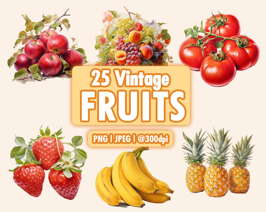 25 Vintage Fruits Clipart | Apple Fruit, Banana, Strawberries, Cherries ...