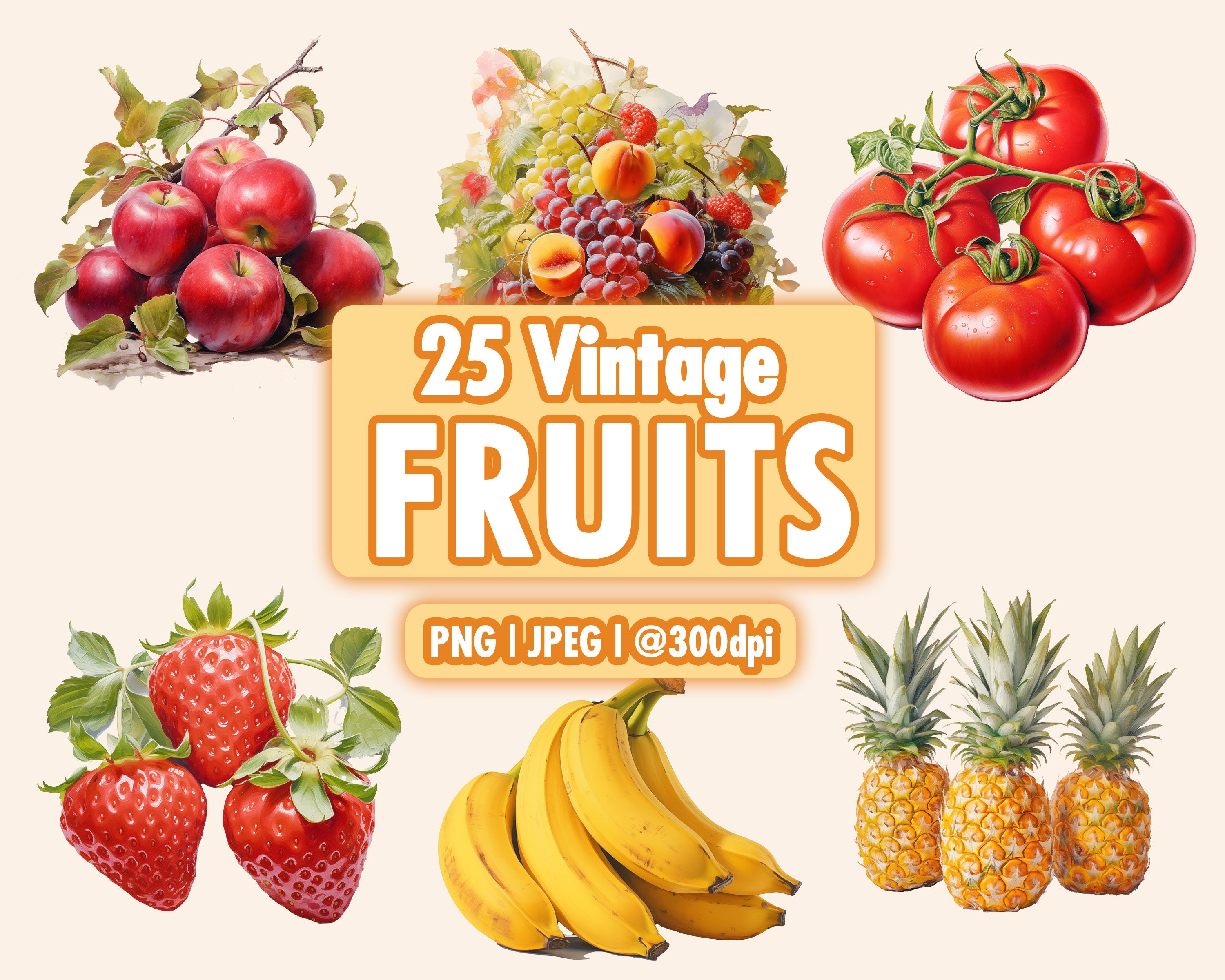 25 Vintage Fruits Clipart | Apple Fruit, Banana, Strawberries, Cherries ...