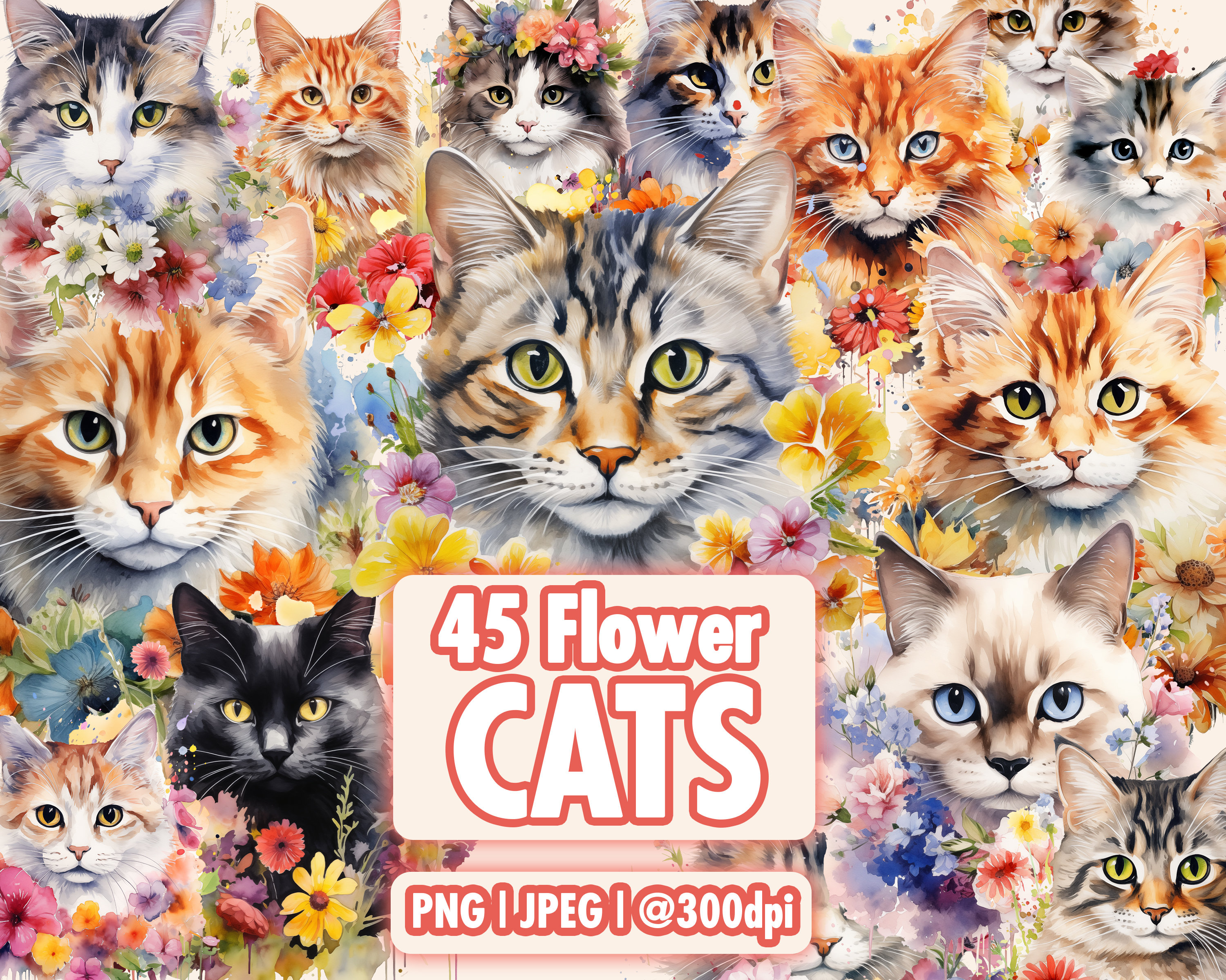 45 Flower Cats Clipart Animals, Digital Artwork, Floral Design, Flowers ...