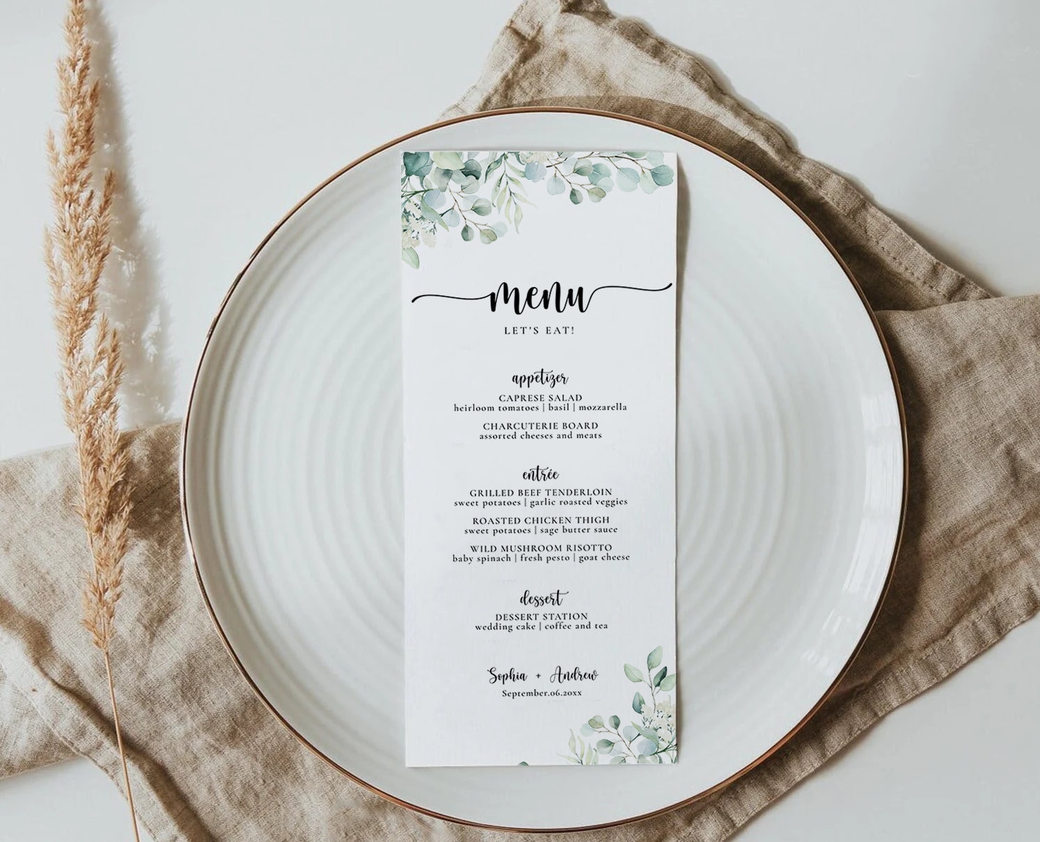Plantilla de menú de boda editable con eucalipto tarjetas de - Etsy México